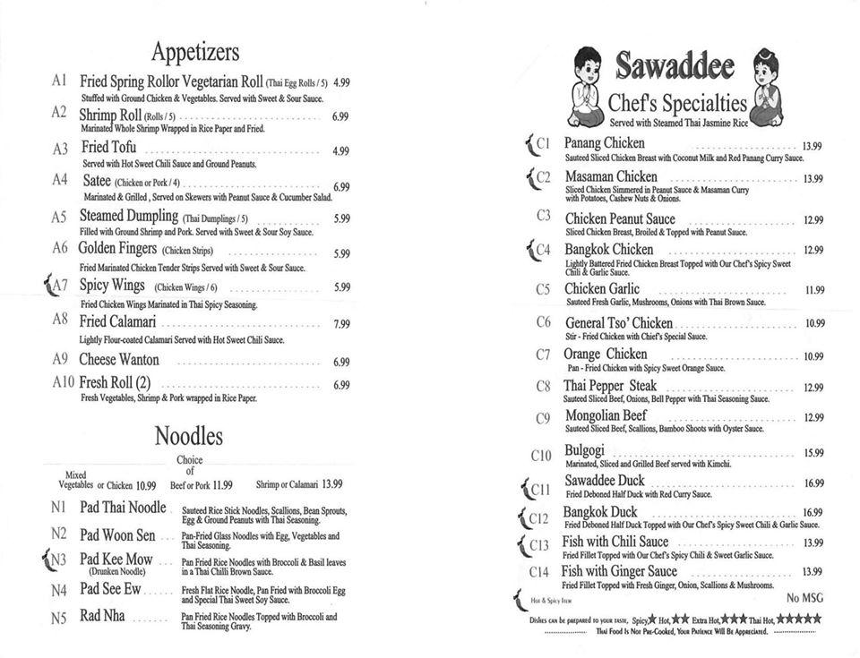 Menu at Sawaddee restaurant, Spring Lake