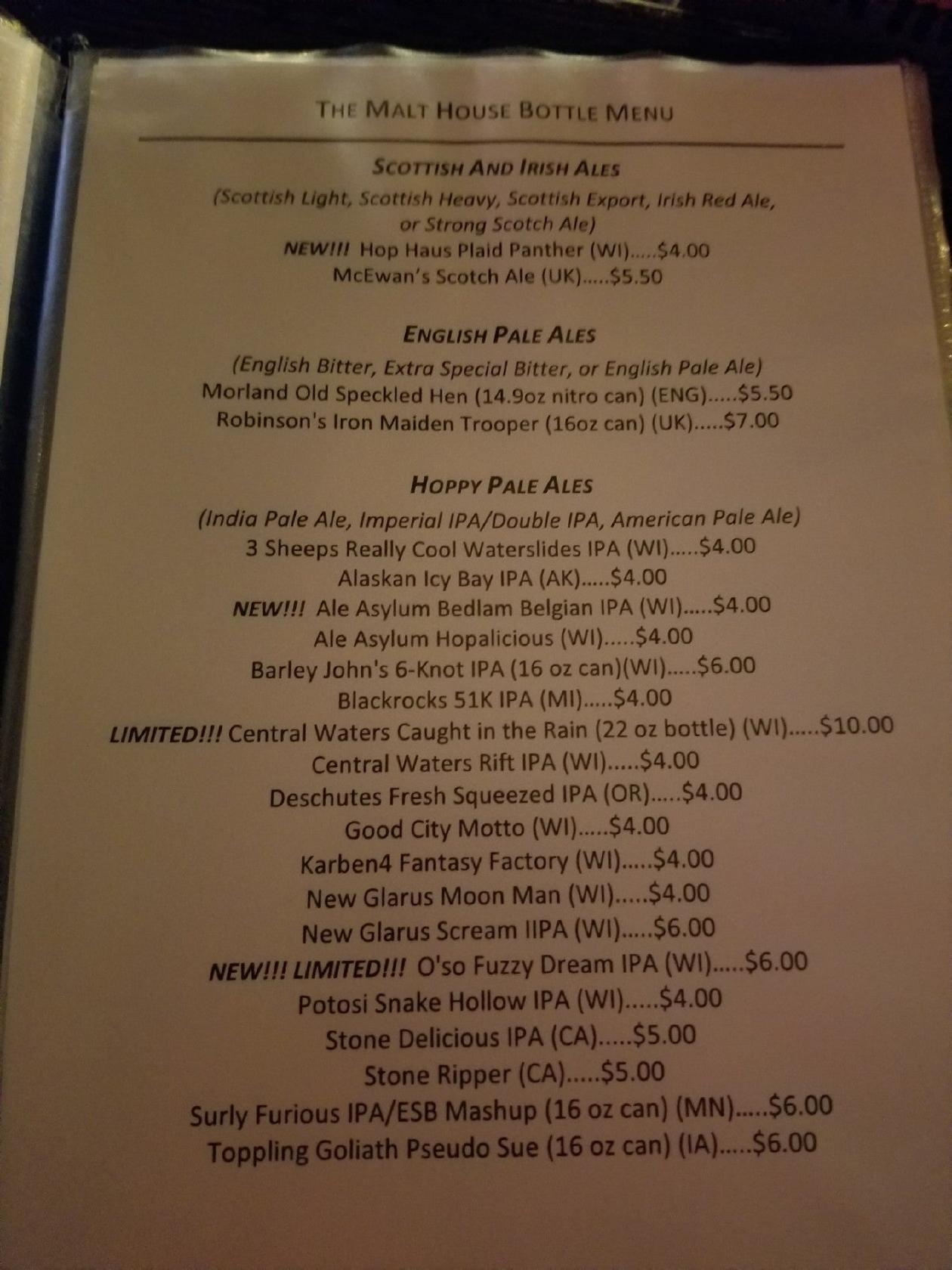 Menu at The Malt House pub & bar, Madison