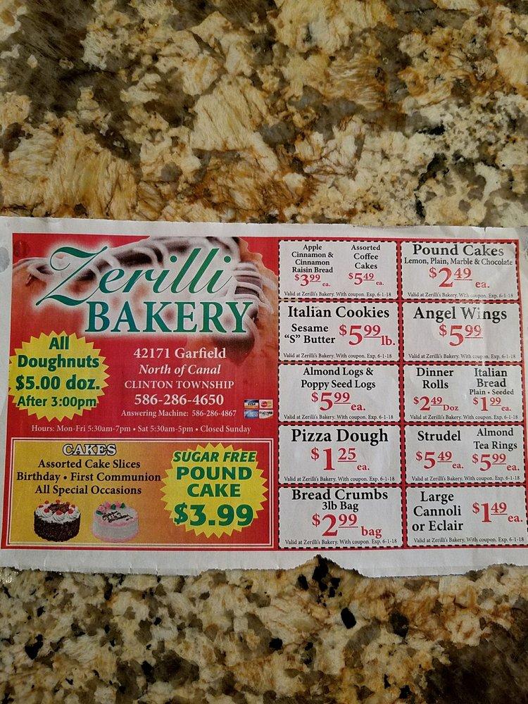 Menu at Zerilli Bakery, Charter Township of Clinton