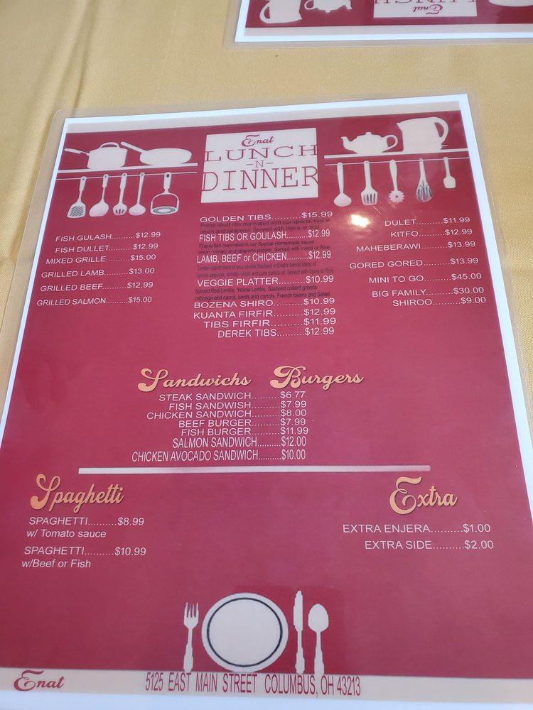 Menu at Enat Ethiopian Restaurant and Café, Columbus
