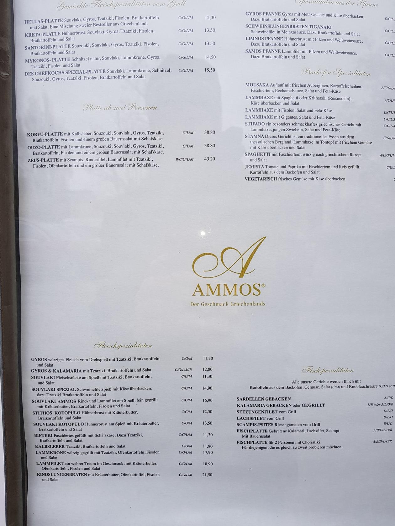 Menu at Ammos restaurant, Mödling