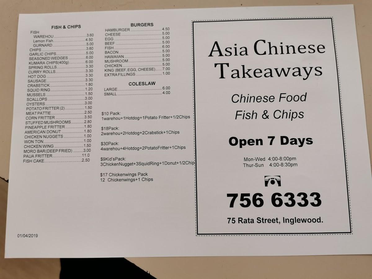 Menu at Asia Chinese Takeaways restaurant, Inglewood