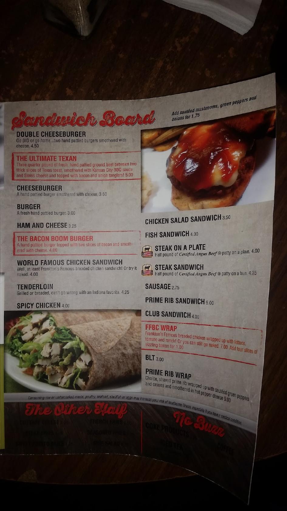 Menu at Bernie's Bar, Frankton
