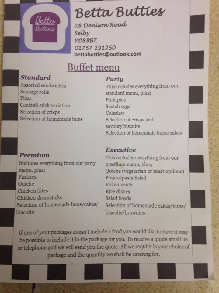 Menu at Betta Butties restaurant, Selby
