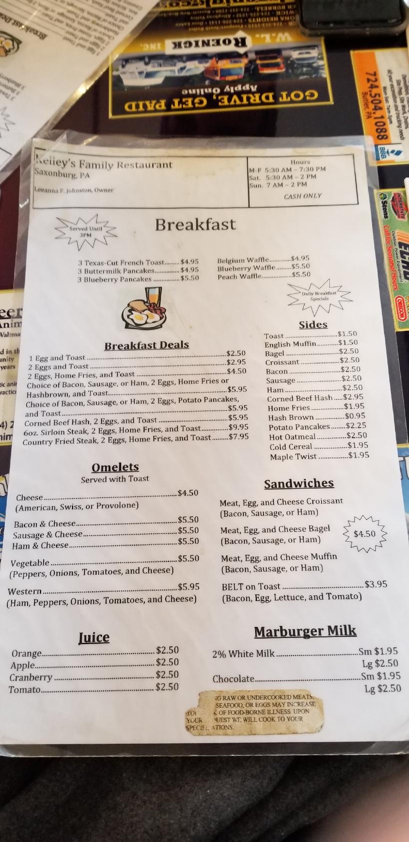 Menu at Kelley's Family Restaurant, Saxonburg, 130 W Main St