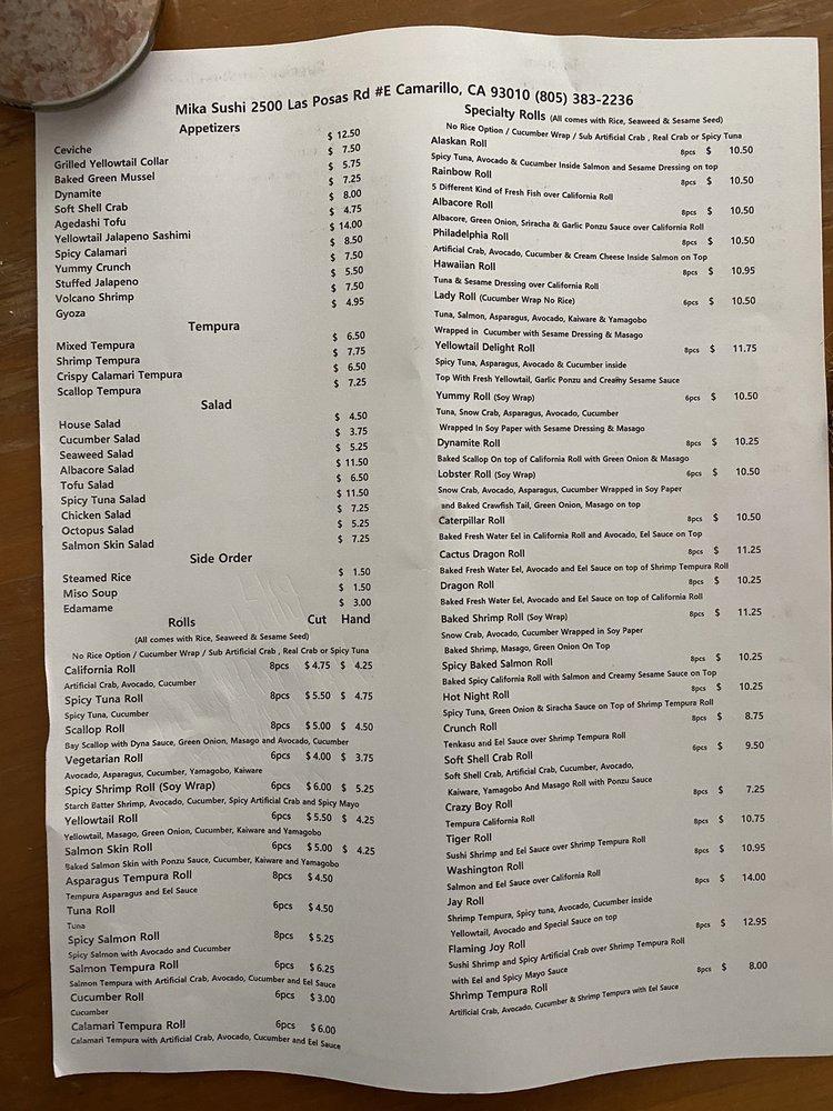 Menu at Mika Sushi restaurant, Camarillo