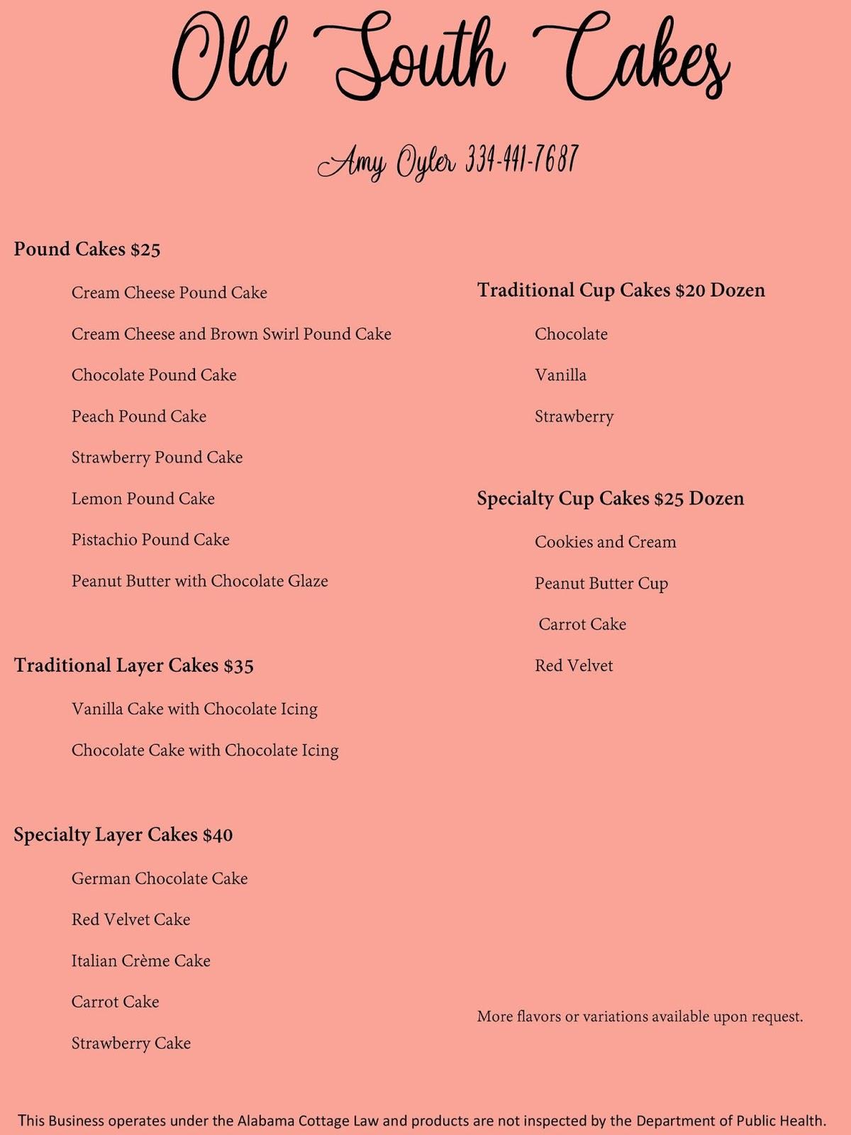 Menu at Old South Cakes, Dothan