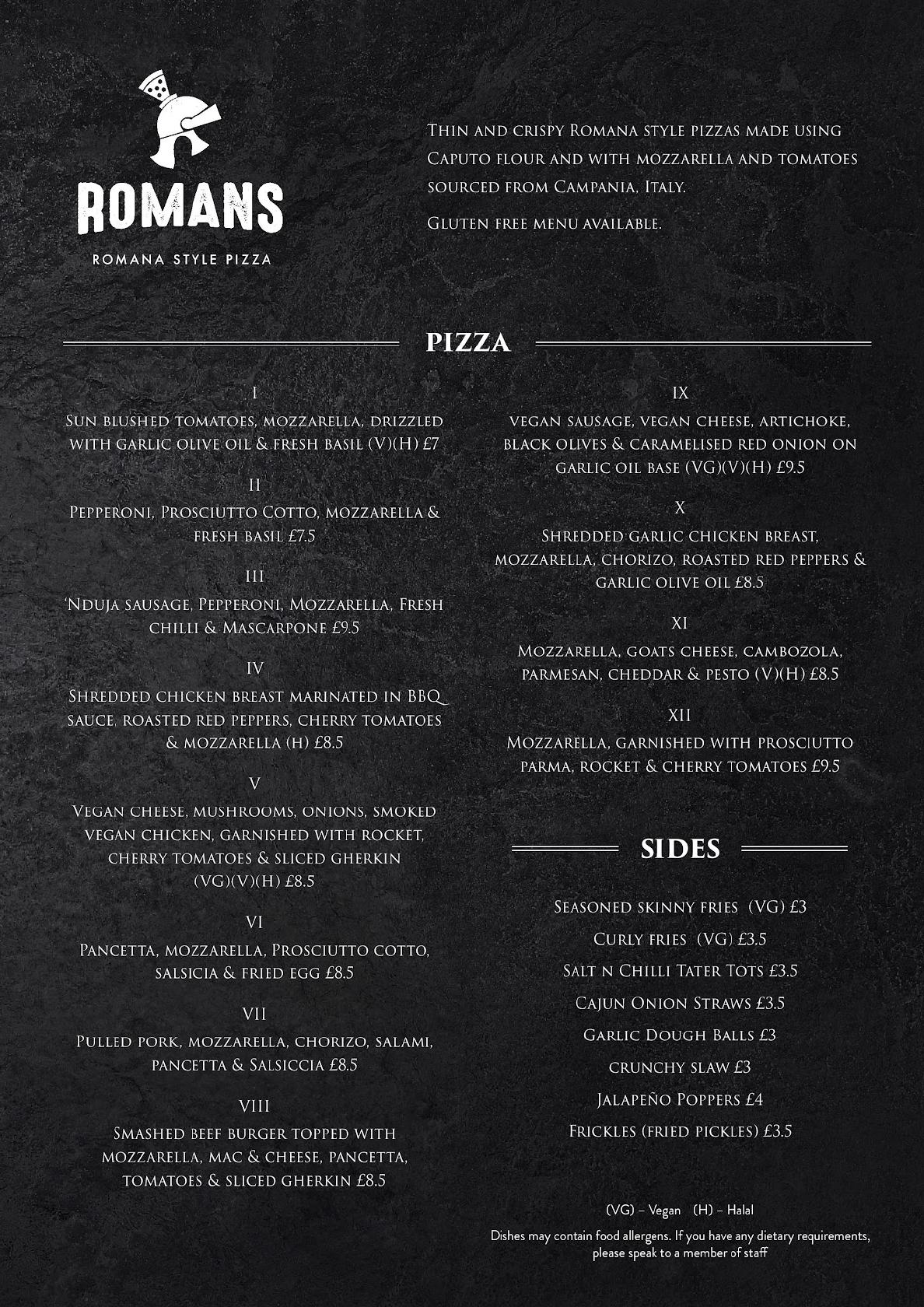 Menu at Romans Pizzeria, Glasgow