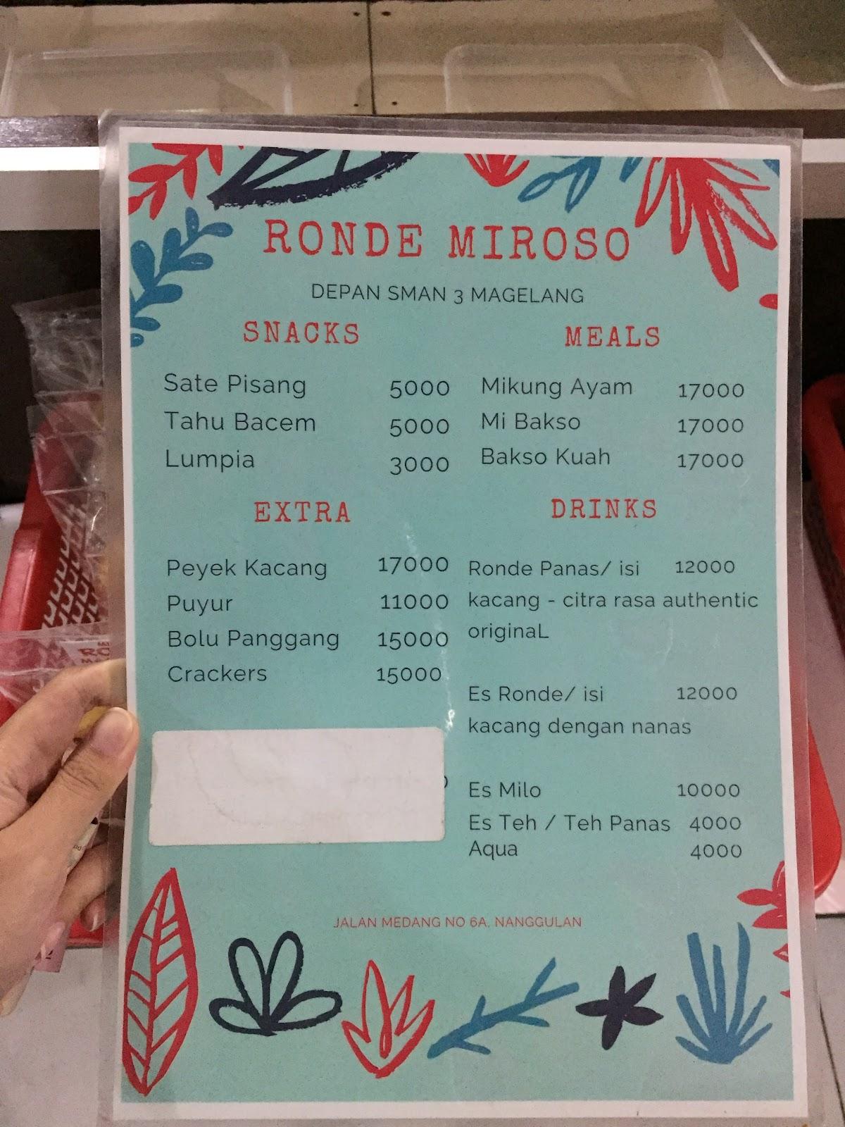 Menu at Ronde Miroso restaurant, Magelang