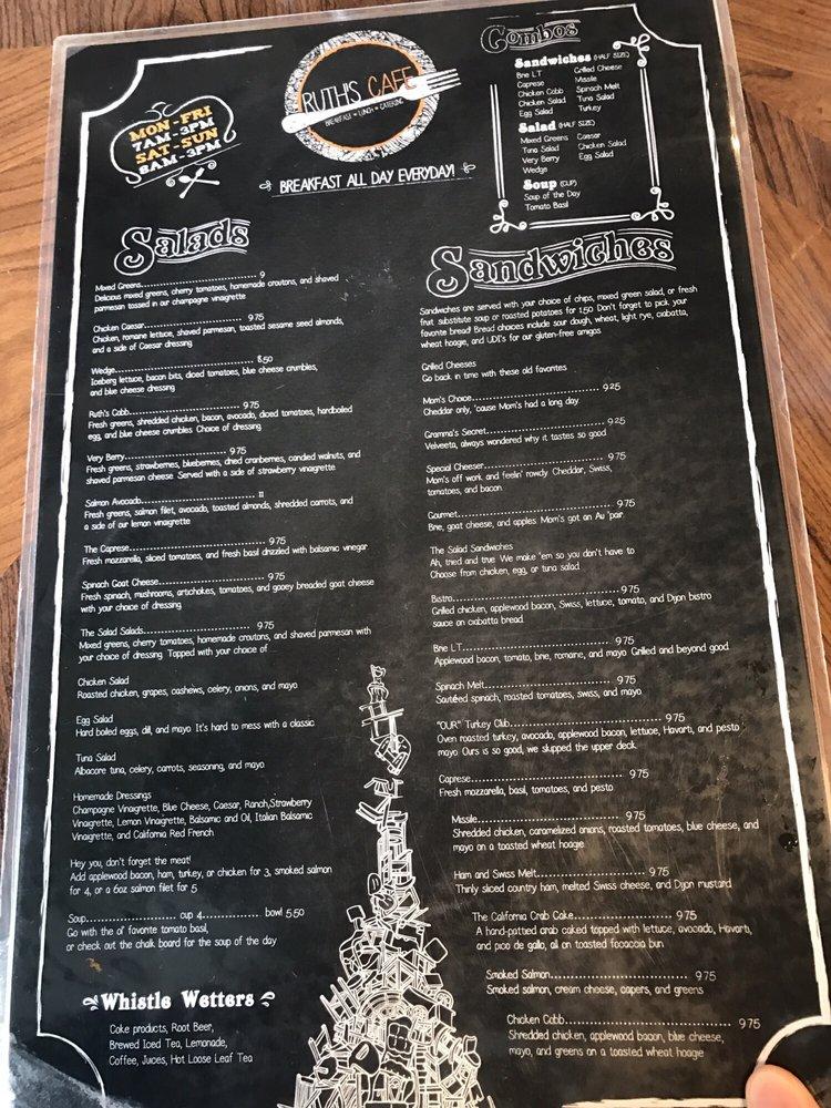 Menu at Ruth's Cafe, Indianapolis