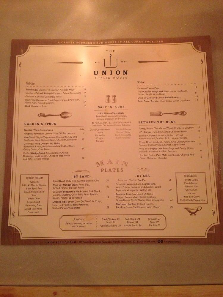 Menu at Union Public House, Pensacola, 36 E Garden St
