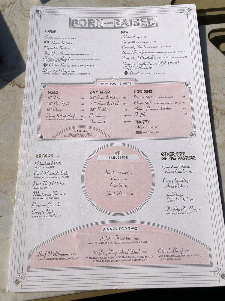 Menu at Born and Raised steakhouse, San Diego, India St