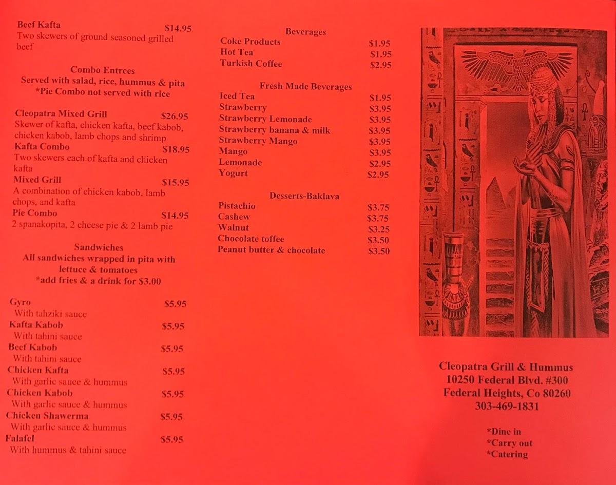 Menu at Cleopatra Grill and Hummus restaurant, Federal Heights
