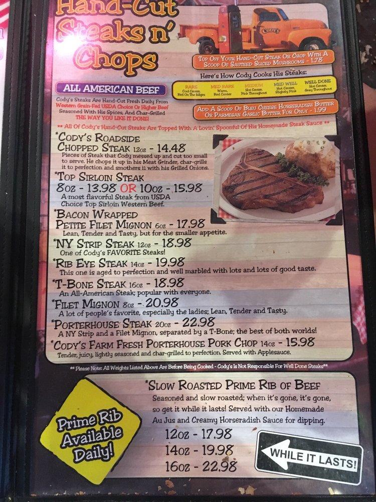 Menu at Cody's Original Roadhouse - Sumter steakhouse, The Villages ...