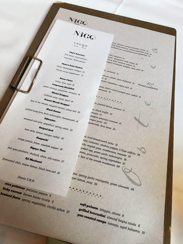 Menu at Nico Osteria restaurant, Chicago