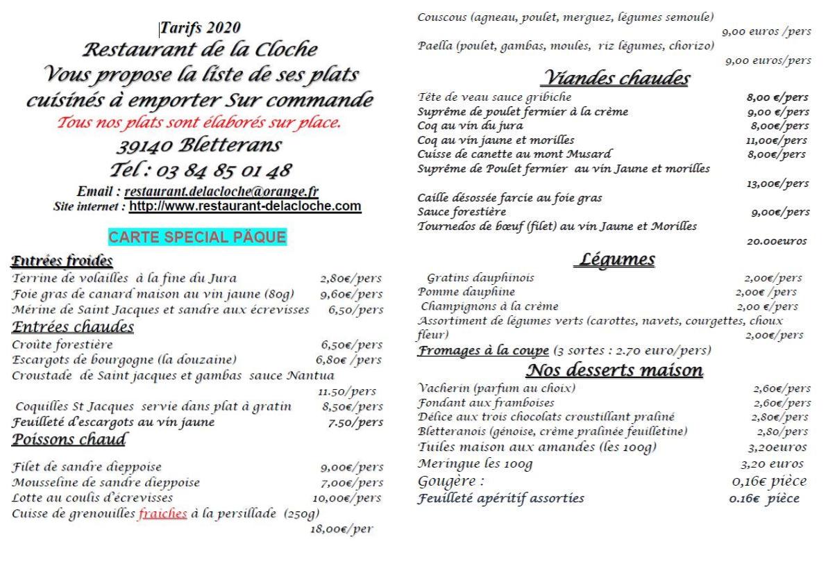 Menu au restaurant de la cloche, Bletterans