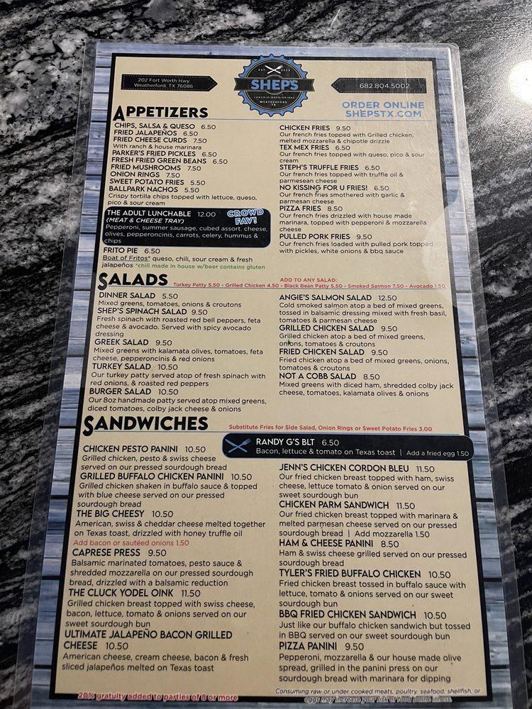 Menu at Shep's pub & bar, Weatherford