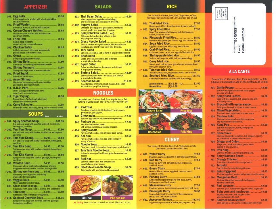 Menu at Thai Beam Cuisine restaurant, Los Angeles