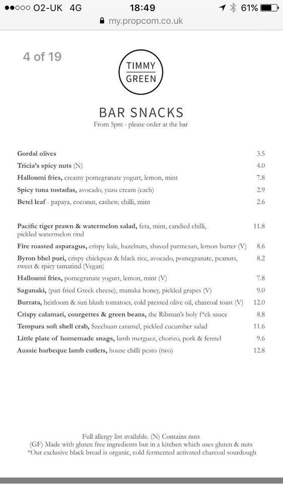 Menu at Timmy Green pub & bar, London