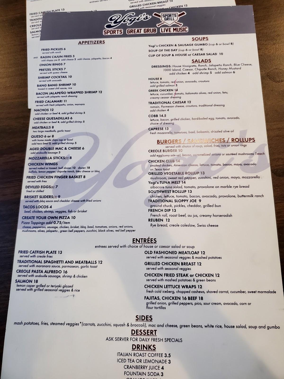 Menu at Yogi's Sports Grill pub & bar, Rockwall