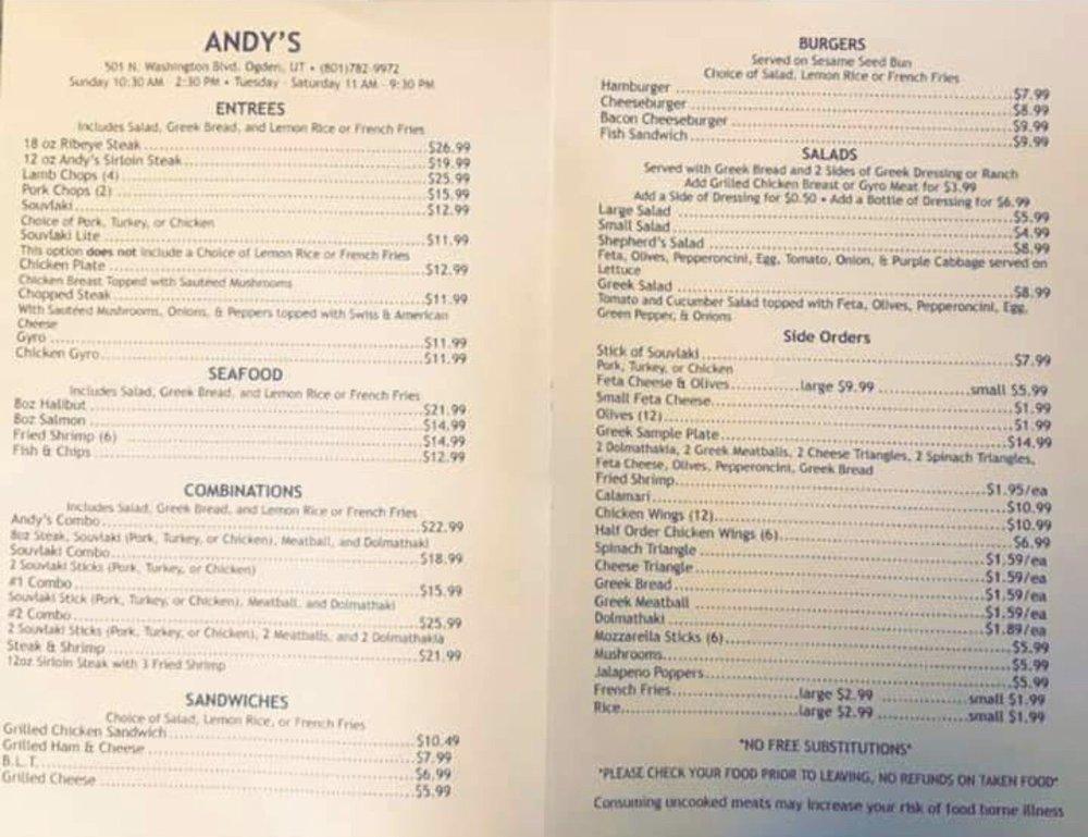 Menu at Andy's Club, Ogden