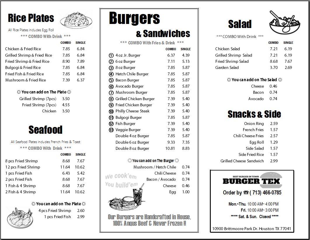Menu at Burger Tex @ Brittmoore restaurant, Houston, Brittmoore Park Dr M