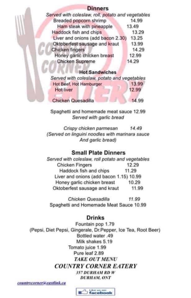 Menu at Country Corner Eatery restaurant, Durham