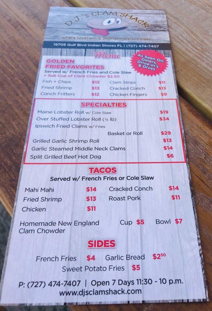 Menu at DJs Clam Shack Indian Shores restaurant, Indian Shores