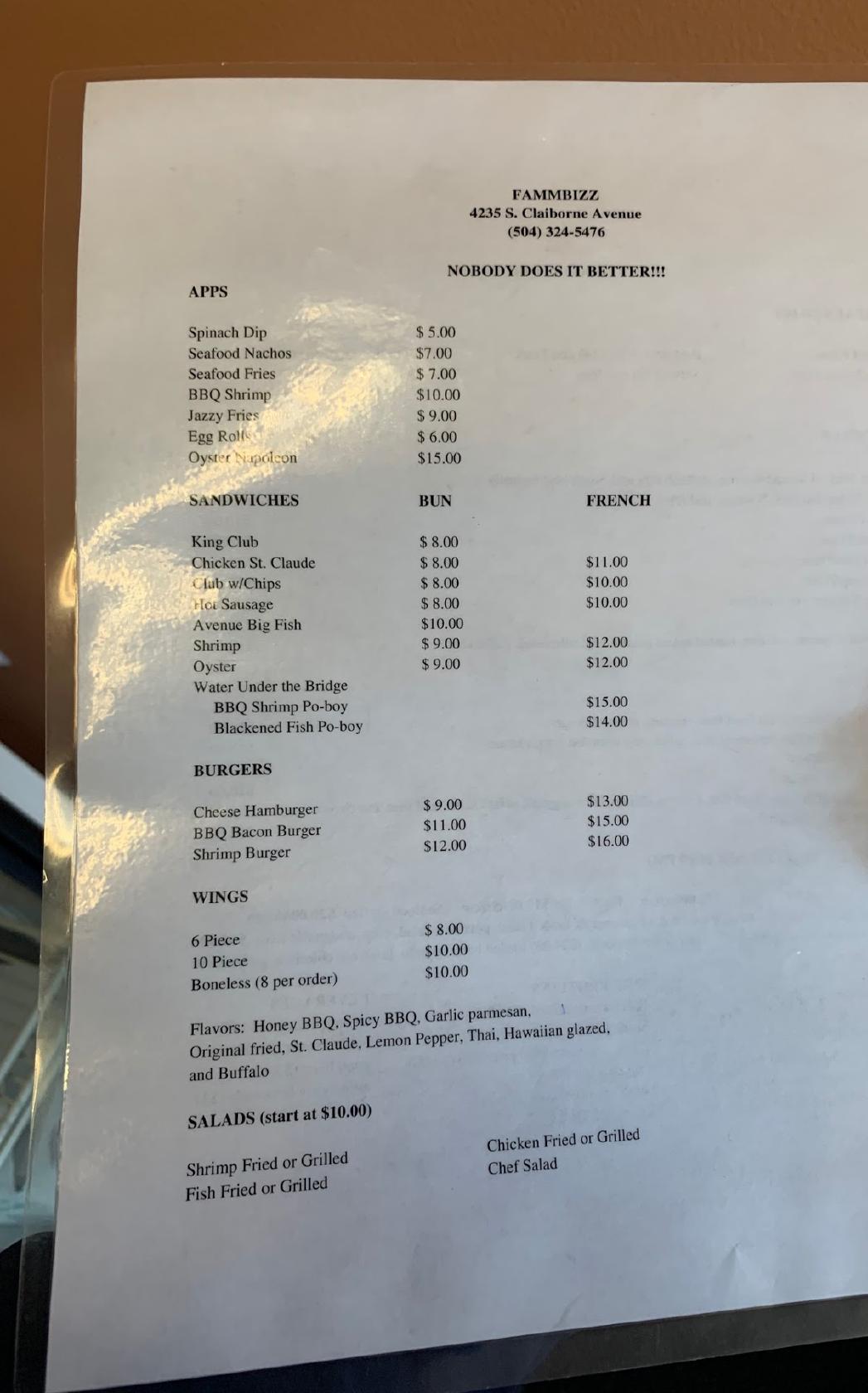 Menu at Fam Bizz restaurant, New Orleans, S Claiborne Ave