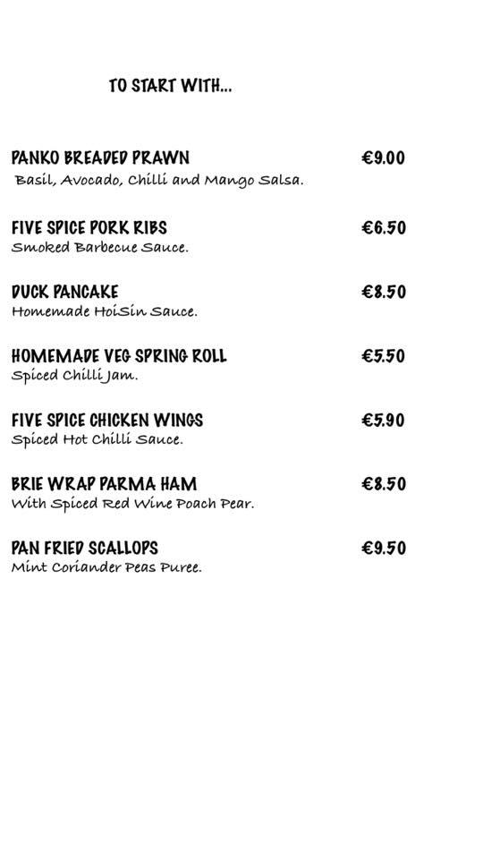 Menu at Five Spice Restaurant, Ireland