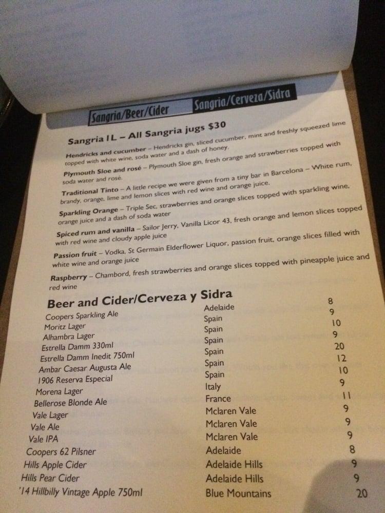 Menu at La Rambla Tapas Bar, Adelaide