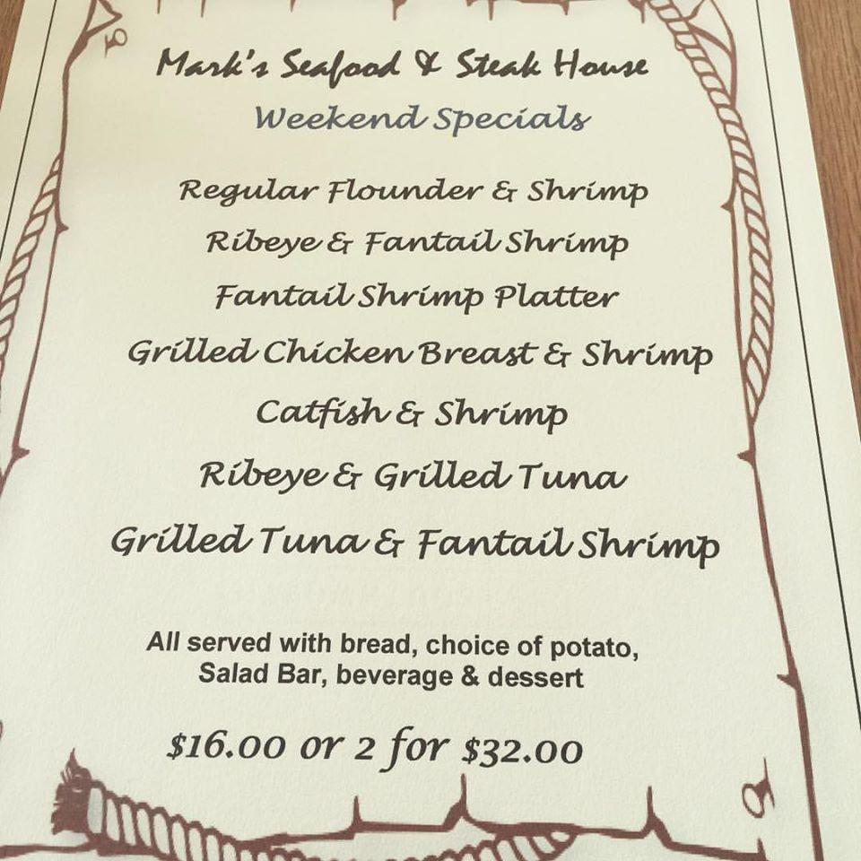 Menu at Marks Seafood n' Steak House restaurant, Whiteville