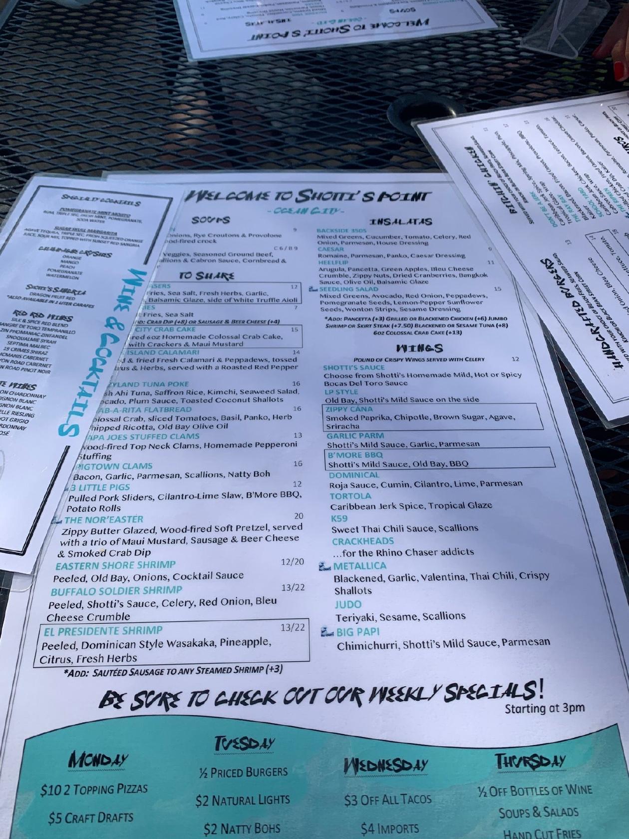 Menu at Shotti's Point Ocean City pizzeria, Ocean City
