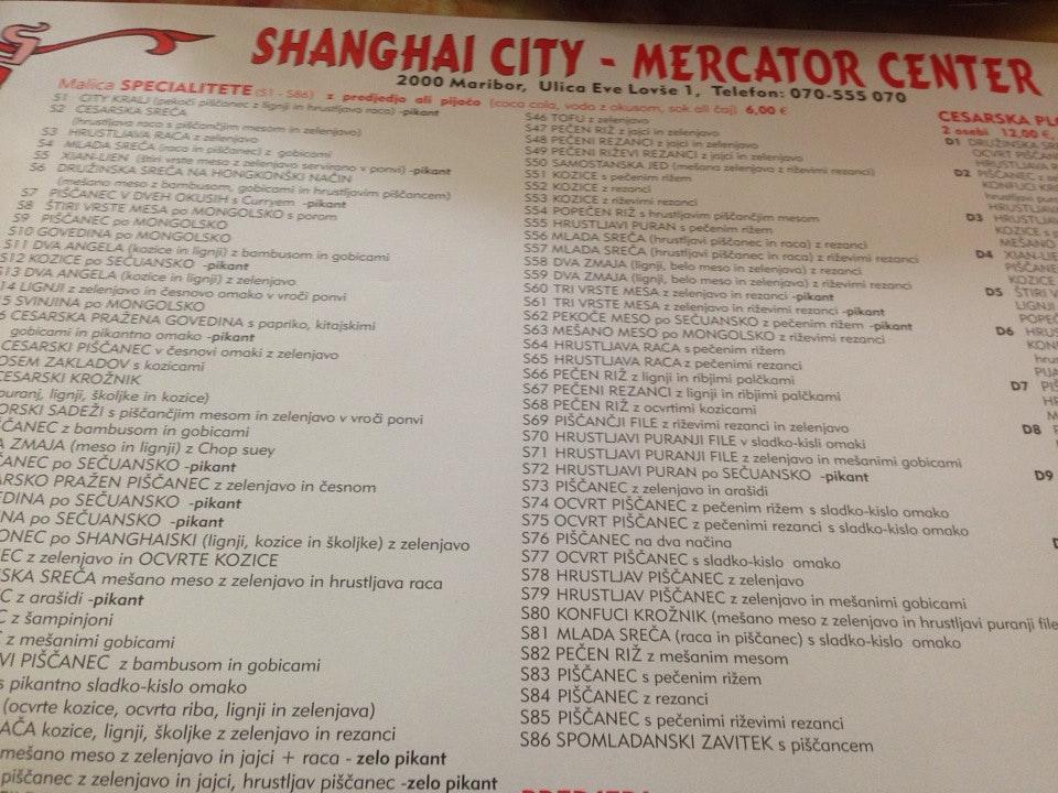 Menu at Shanghai City - Mercator center restaurant, Maribor