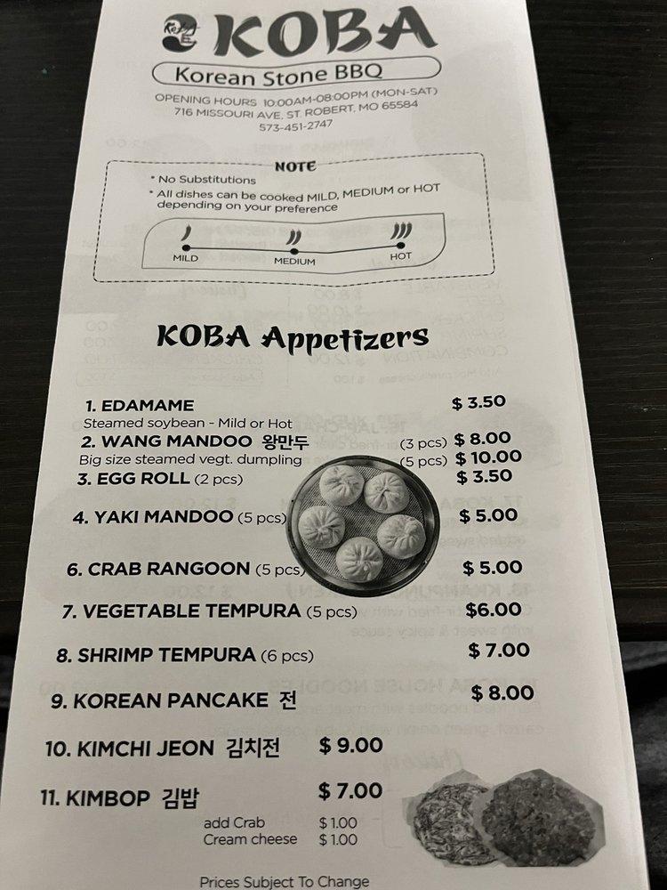 Menu at KOBA Korean Stone BBQ, Saint Robert