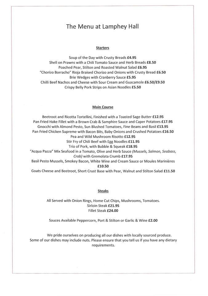 Menu at Lamphey Hall Hotel pub & bar, Pembroke