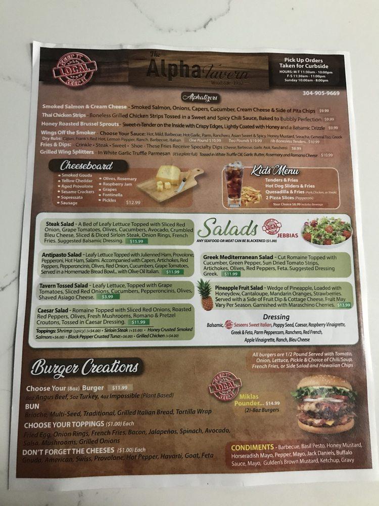 Menu at Alpha Tavern pizzeria, Wheeling