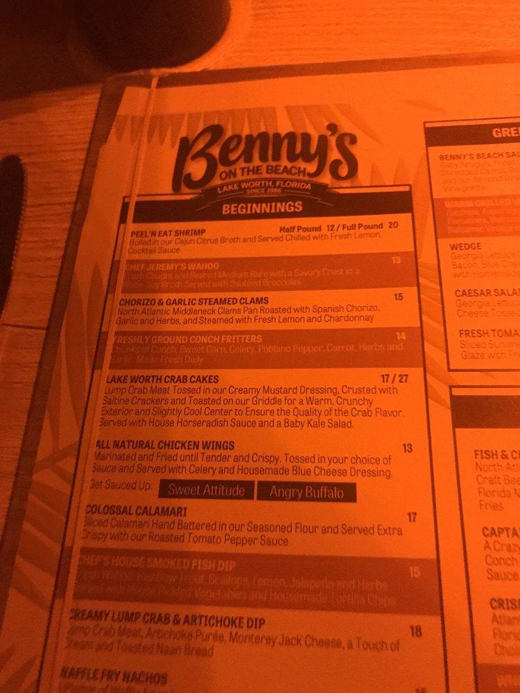 Menu at Benny's On The Beach - Pier pub & bar, Lake Worth