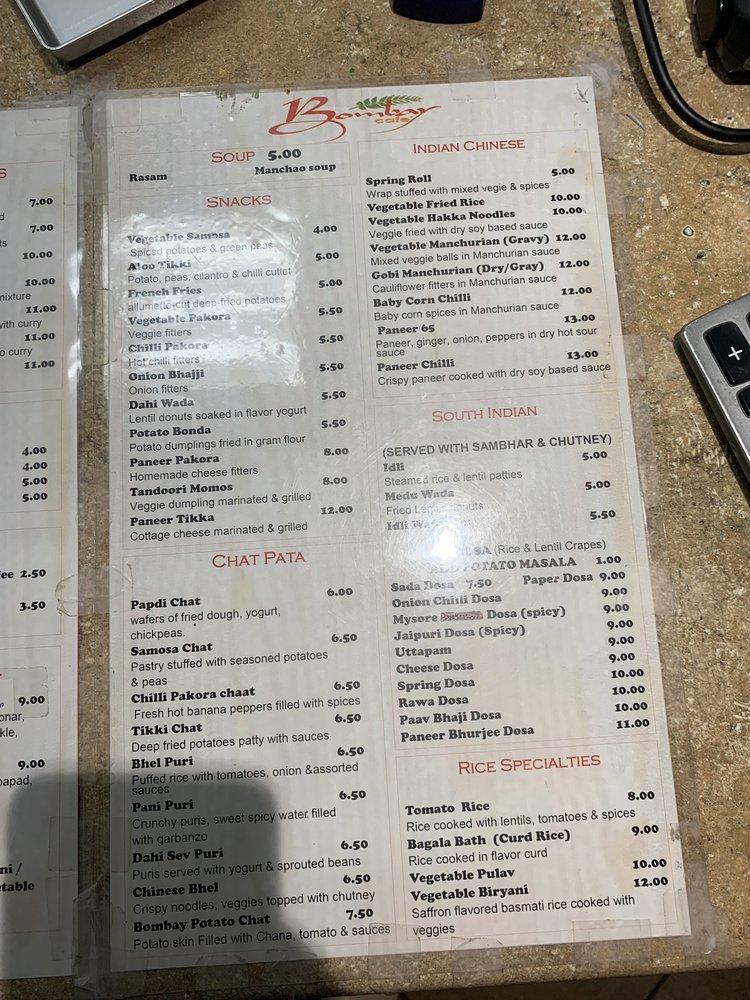 Menu at Bombay Caf restaurant, Orlando