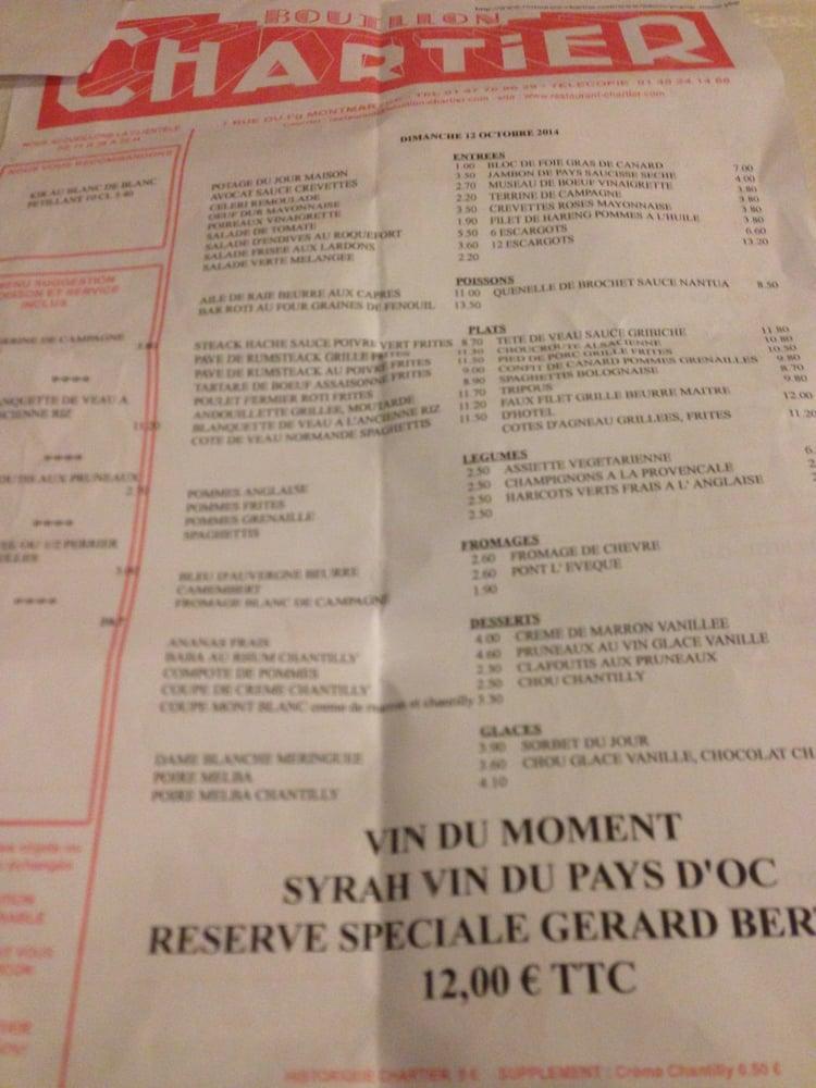 Menu at Bouillon Chartier Grands Boulevards restaurant, Paris, 7 Rue du ...