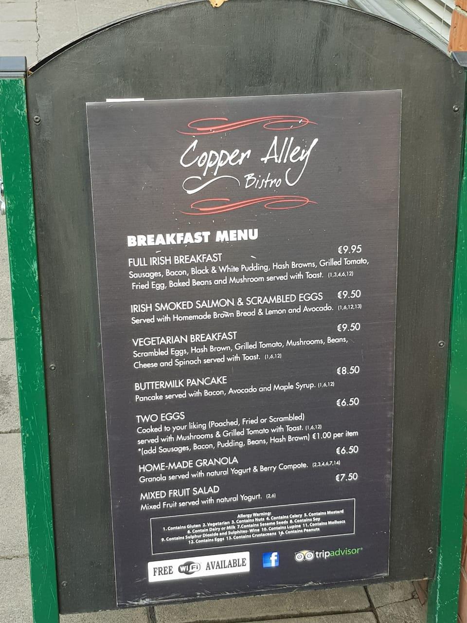 Menu at Copper Alley Bistro restaurant, Dublin