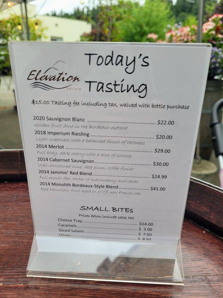 Menu at Elevation Cellars pub & bar, Woodinville