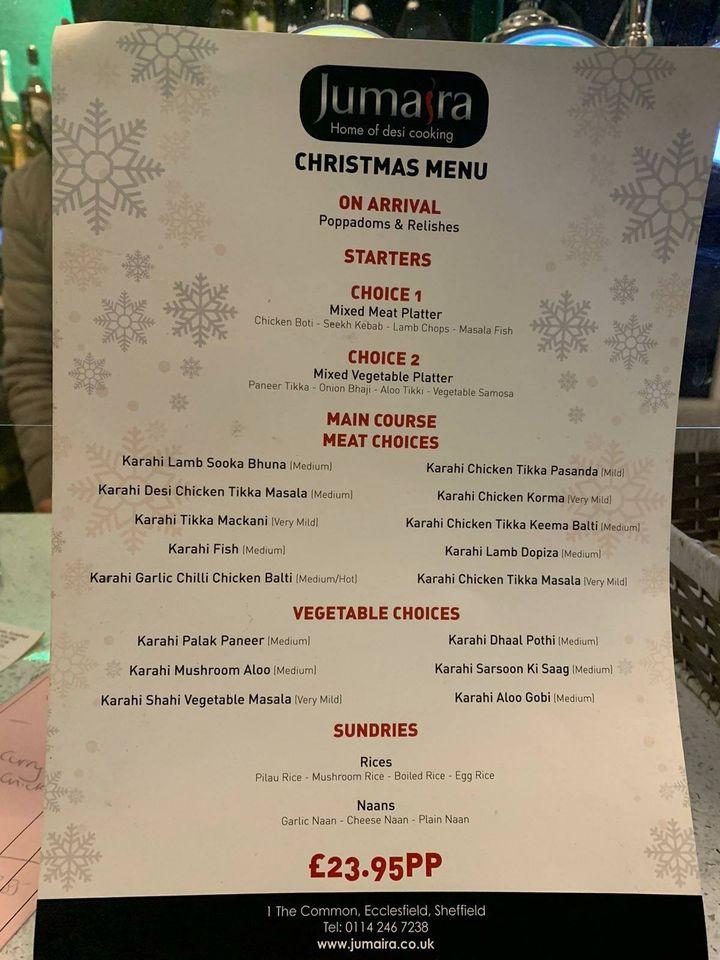 Menu at Jumaira Spice restaurant, Sheffield