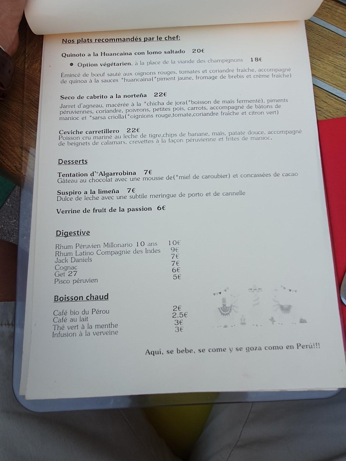 Carta del restaurante LA CHOLA, Marsella