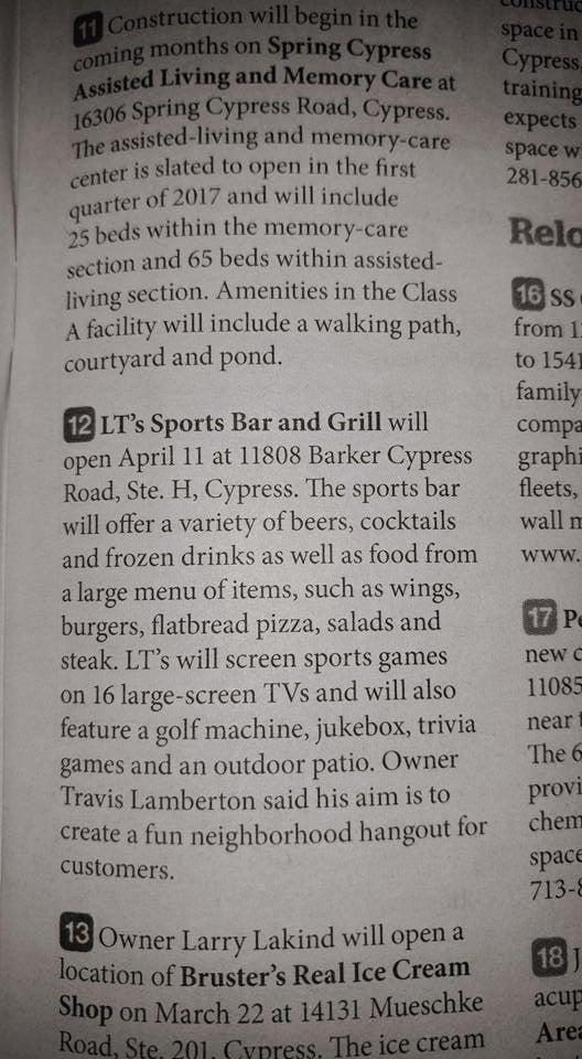 Menu at LT's Sports Bar & Grill, Cypress