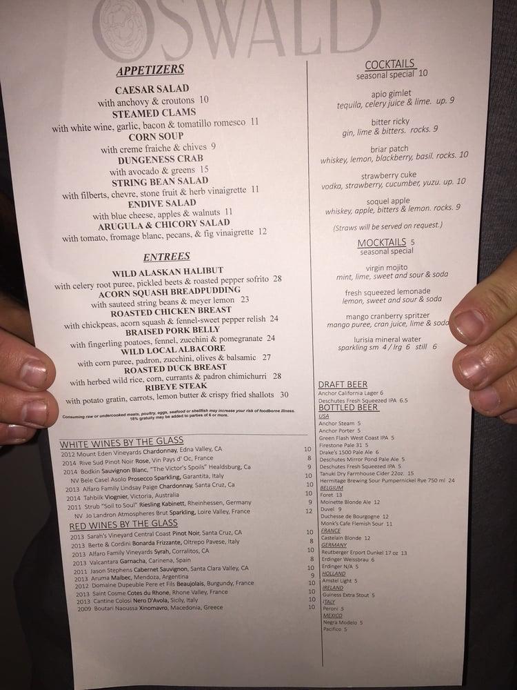 Menu at Oswald Restaurant, Santa Cruz