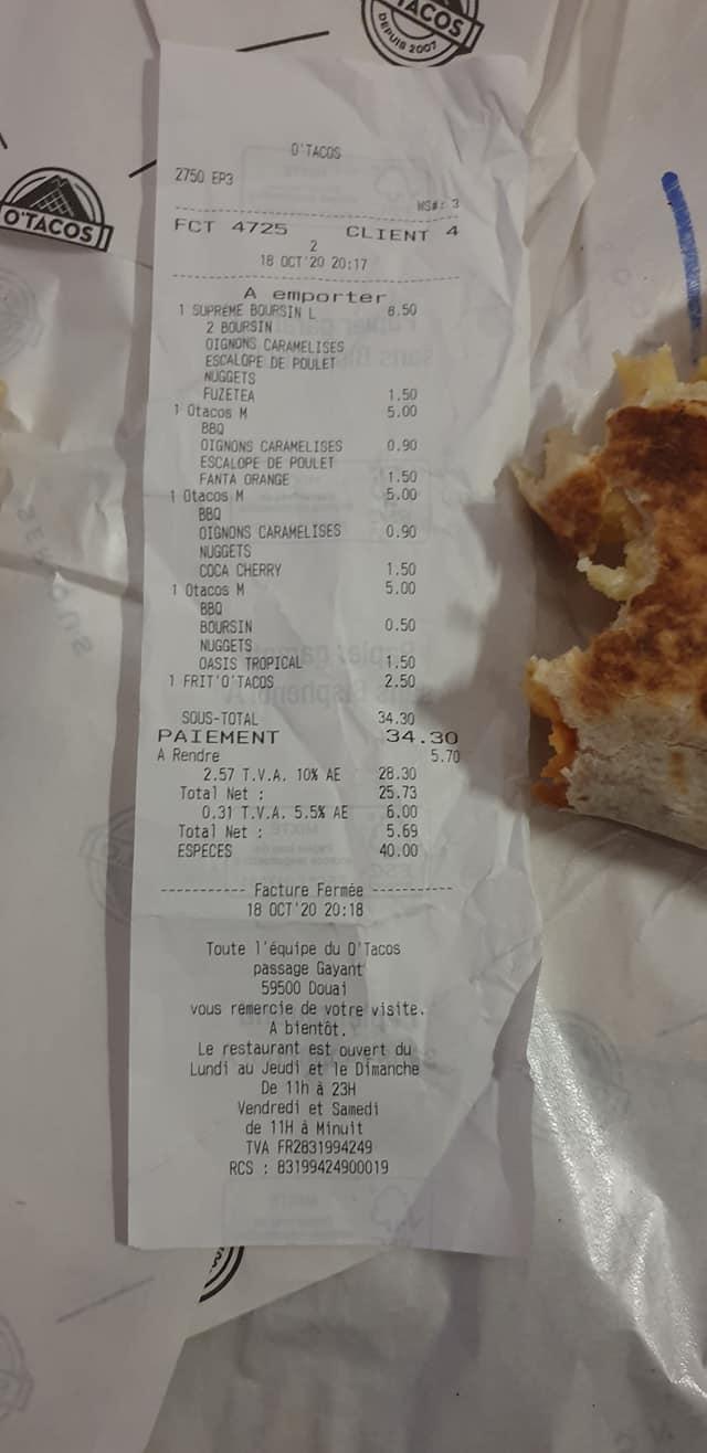 Menu at O’TACOS restaurant, Douai