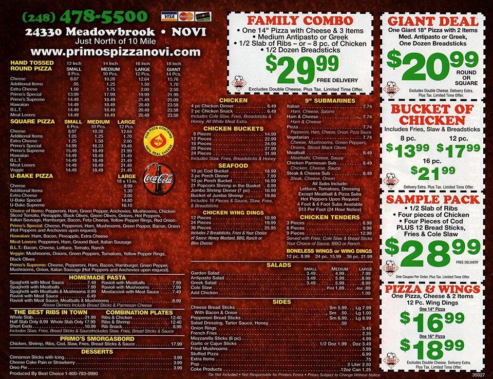Menu at Primo's Pizza pizzeria, Novi, Meadowbrook Rd