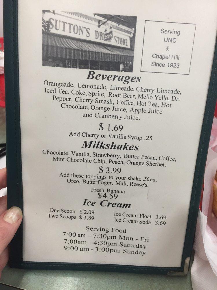 Menu at Sutton's Drug Store restaurant, Chapel Hill
