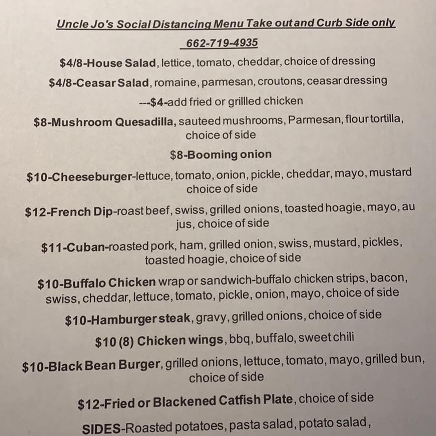 Menu at Uncle Jo's restaurant, Cleveland